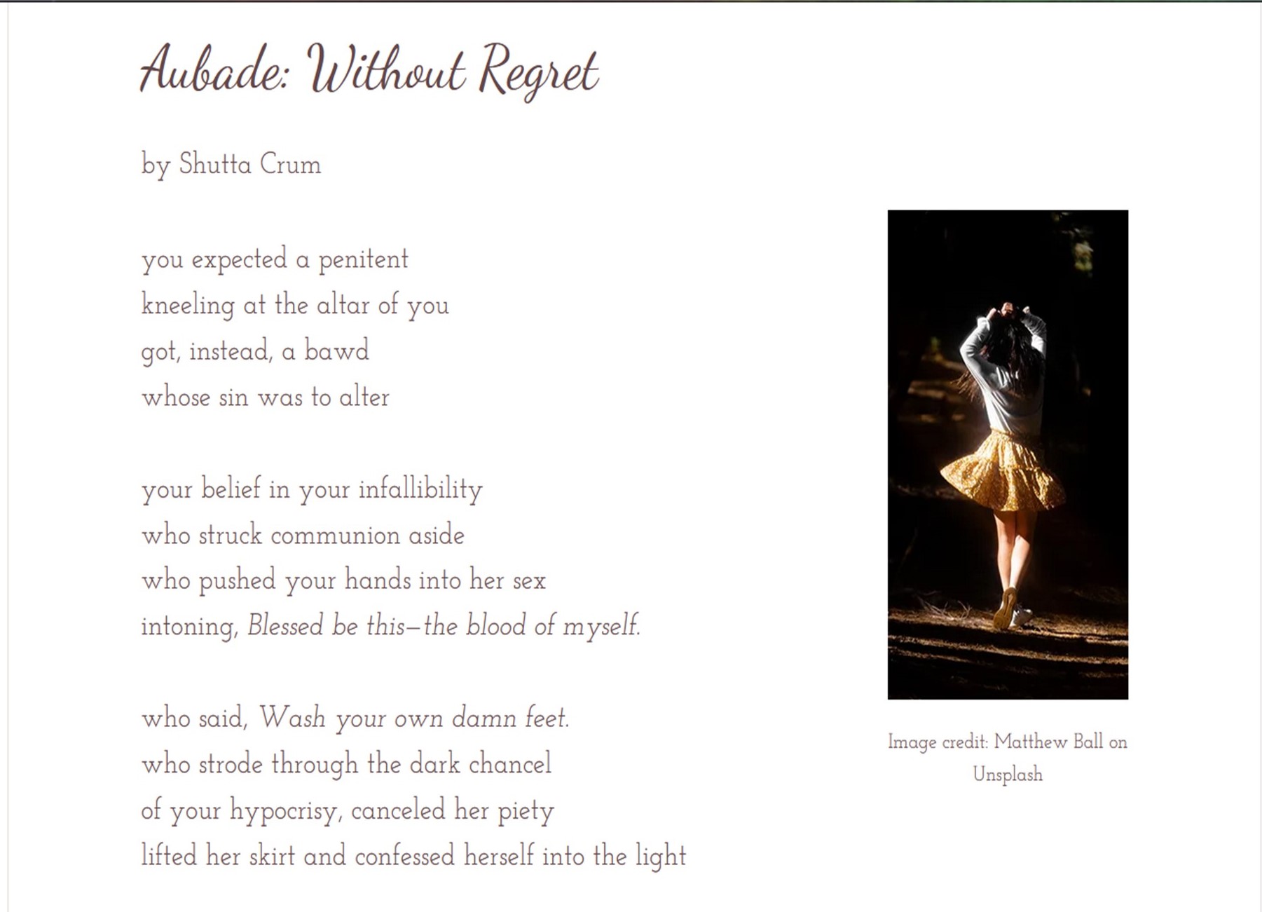 Poem by Shutta. Aubade: Without Regret | Shutta Crum
